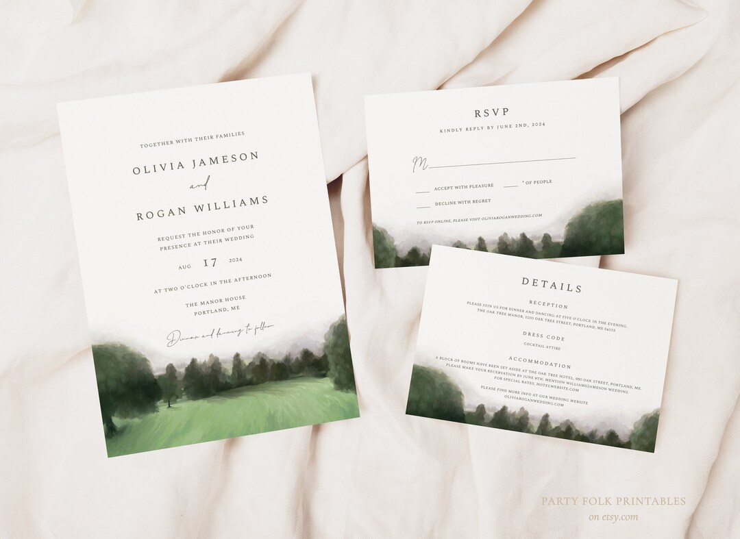 OAK Woodland Wedding Invitation Set Digital Template, Watercolor Forest ...