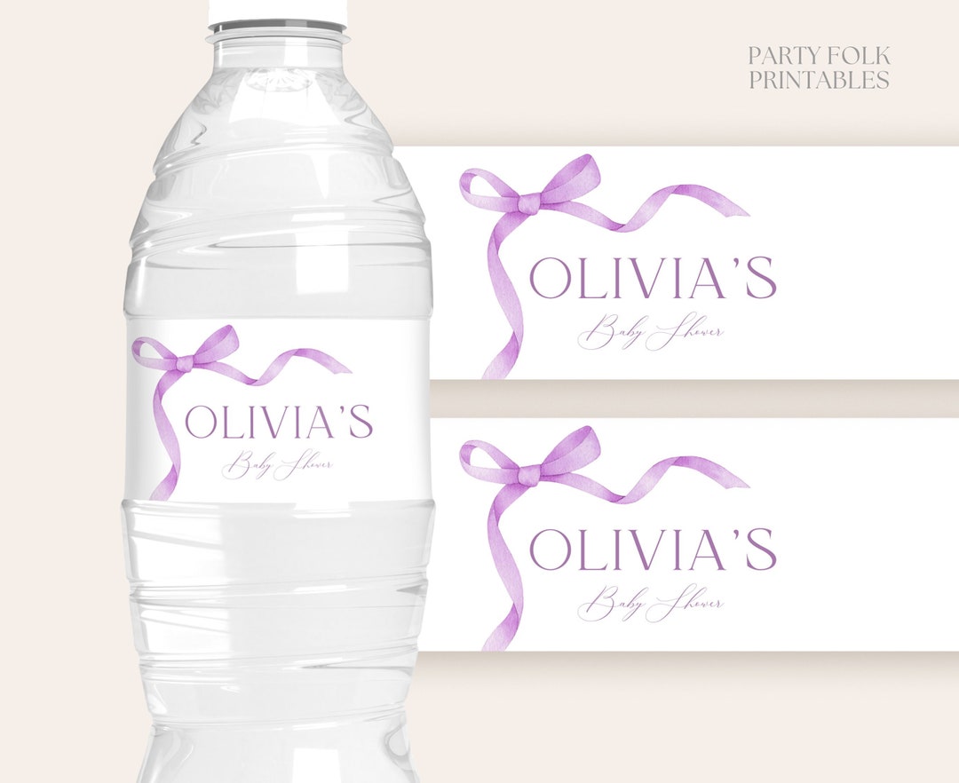 Editable Lilac Bow Water Bottle Label Template, Printable Girl Baby ...
