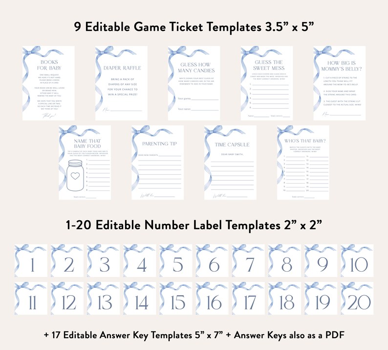 Editable Blue Bow Baby Shower Game Bundle Dusty Blue Ribbon - Etsy