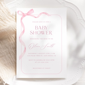 Editable Pink Bow Baby Shower Invitation Template, Blush Pink Girl Baby ...