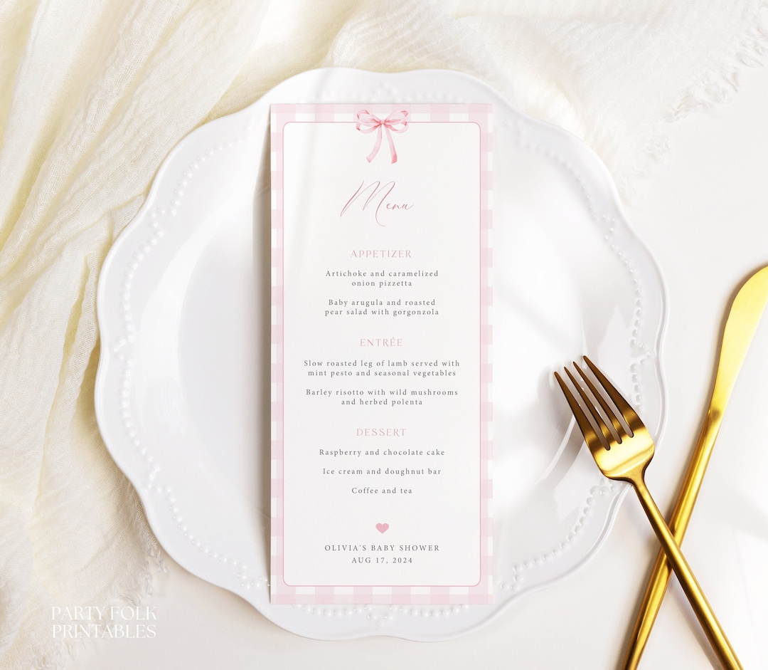 Editable Pink Gingham Baby Shower Menu Template, Pink Preppy Baby ...