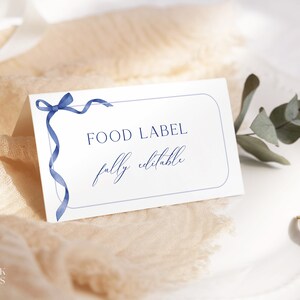 Editable Navy Blue Bow Buffet Card Template, Blue Food Label, Royal ...