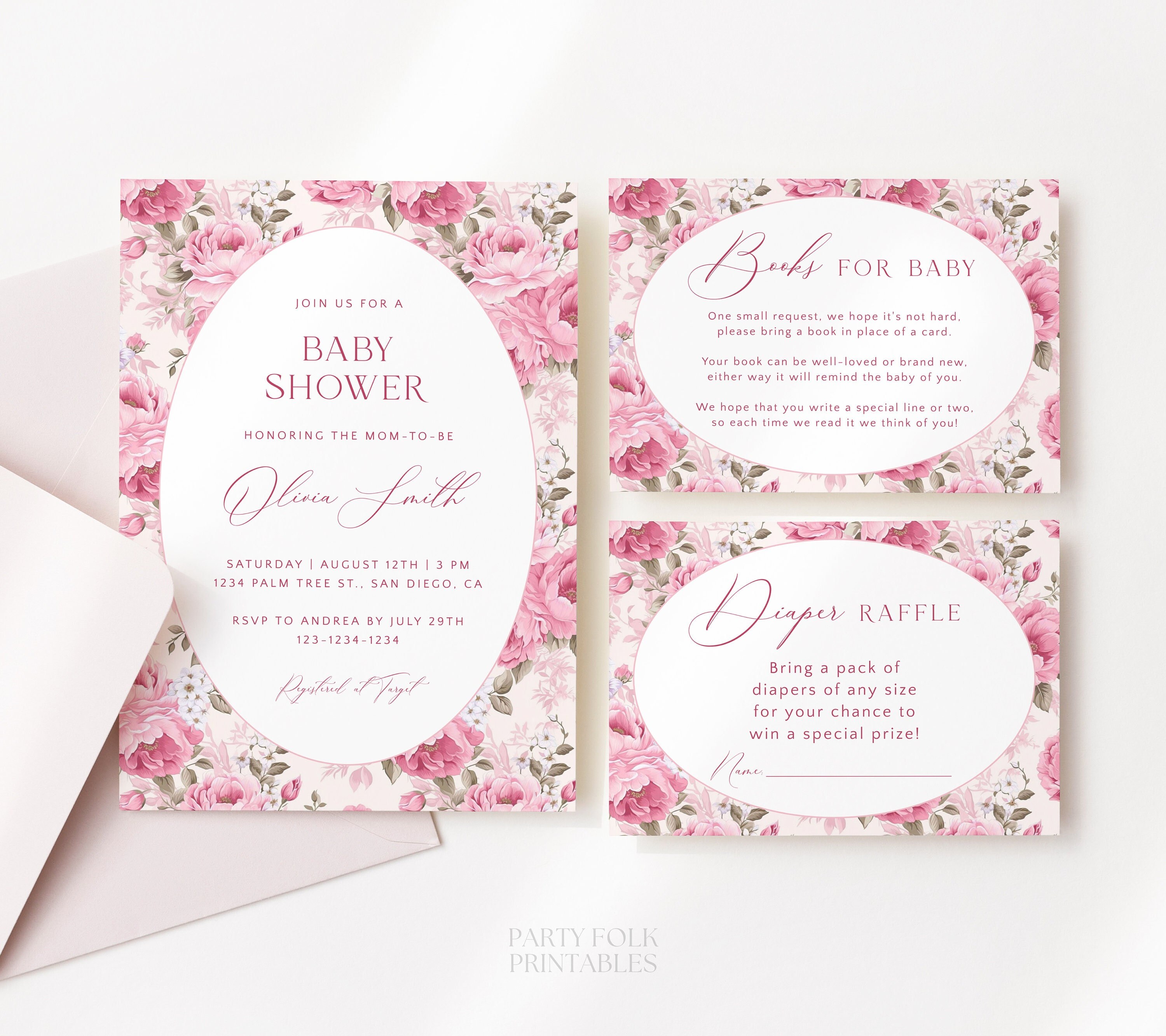 Pink Roses Baby Shower Invitation Template Set, Editable Shabby Chic ...