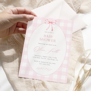 Editable Pink Preppy Gingham Baby Shower Invitation Template, Gingham ...