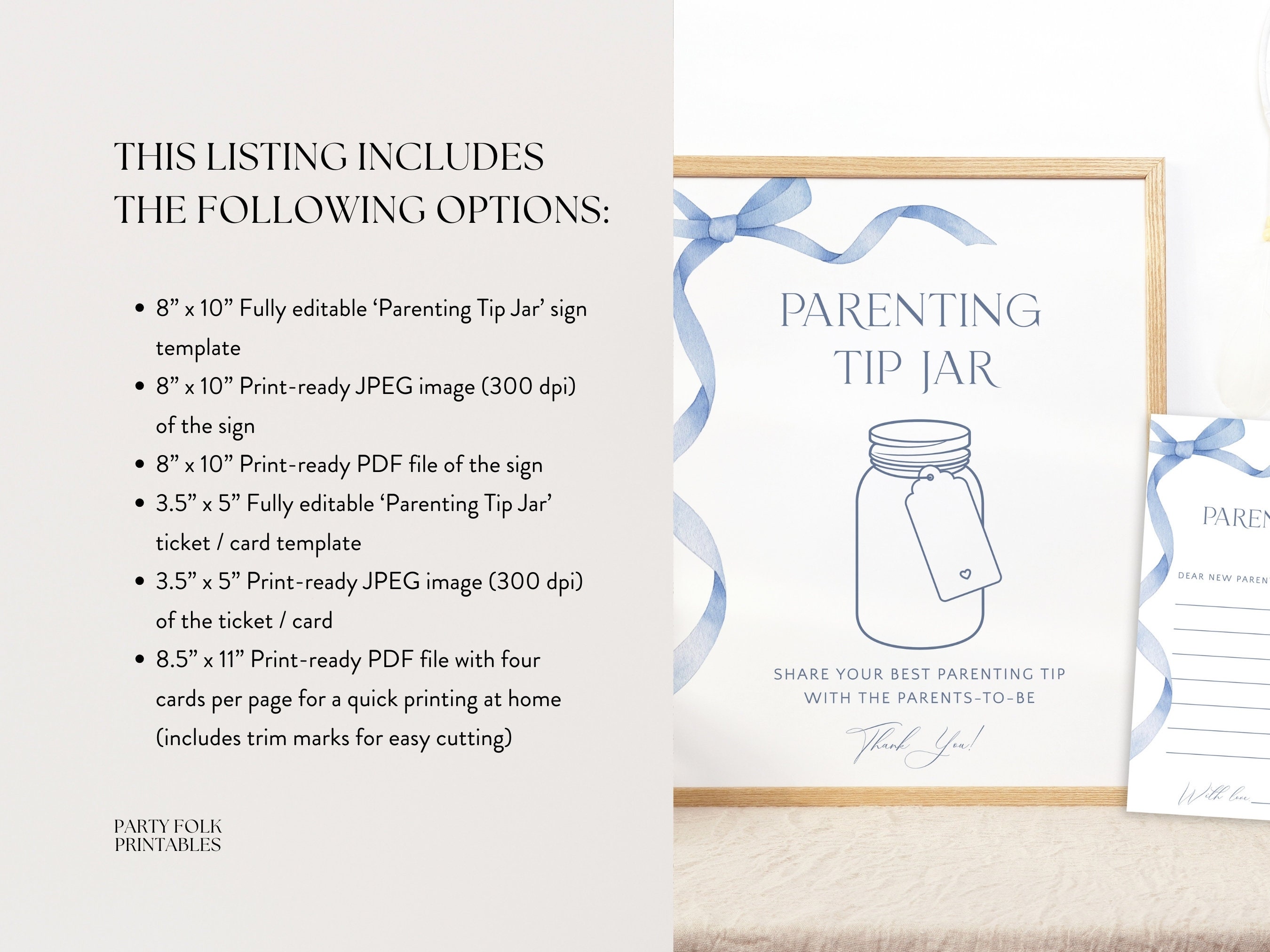 Printable Blue Bow Parenting Tip Jar Sign and Advice Card for the ...