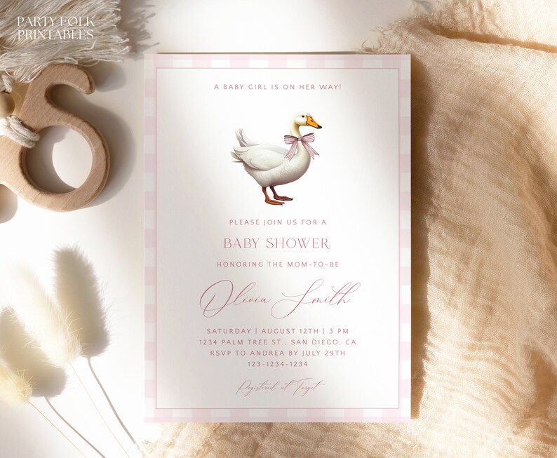 Editable Goose Girl Baby Shower Invitation Template, Pink Gingham Bow ...