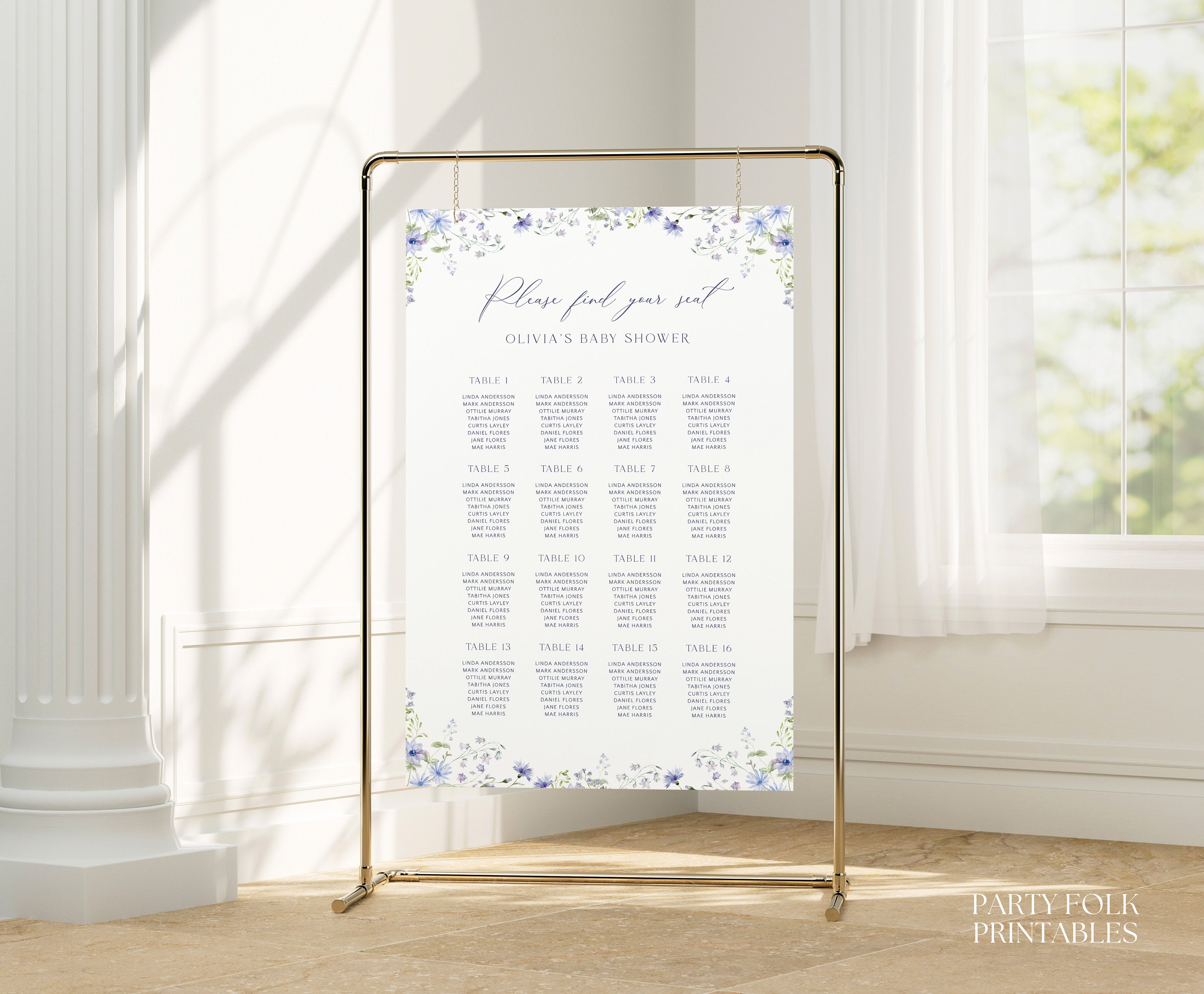 Editable Blue Floral Seating Chart Template, Instant Baby in Bloom ...