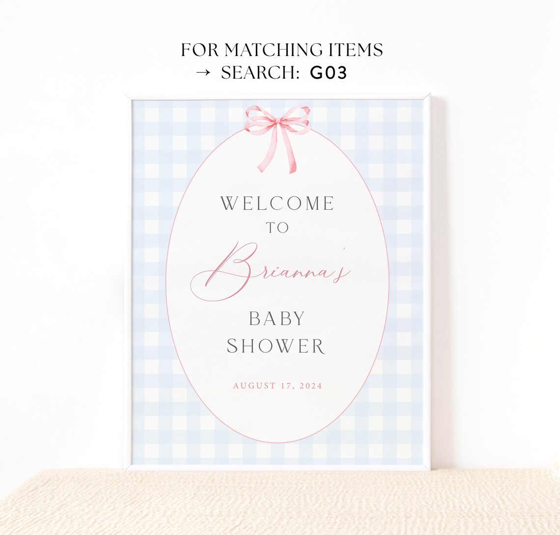 Editable Pink & Blue Preppy Gingham Baby Shower Welcome Sign Template ...