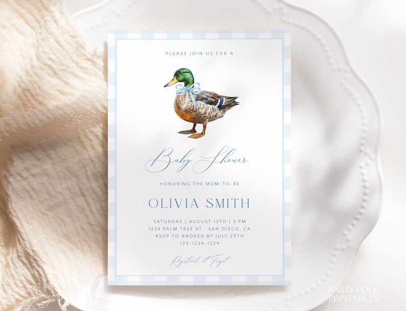 Editable Mallard Duck Baby Shower Invitation Template, Blue Gingham Bow ...