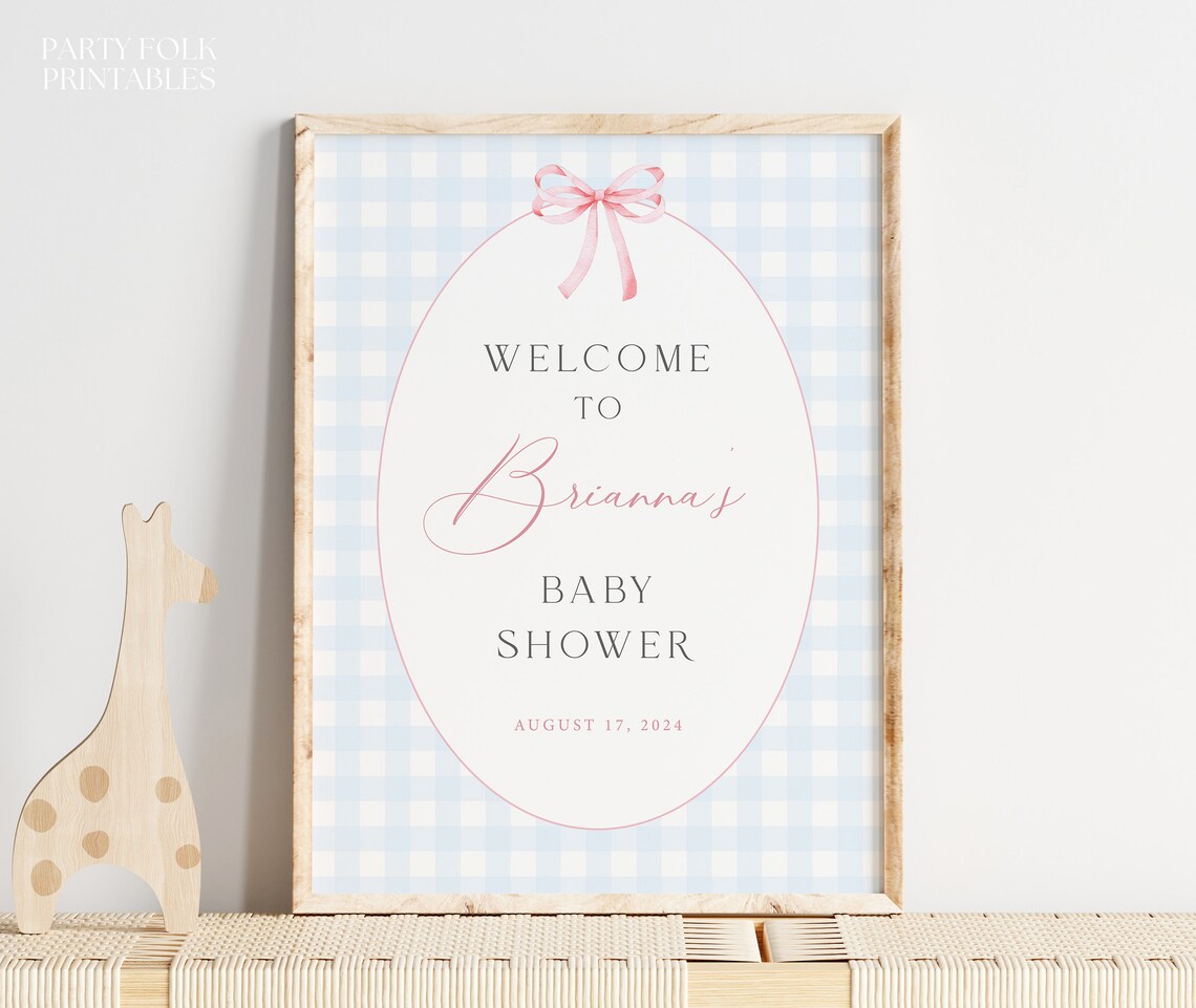 Editable Pink & Blue Preppy Gingham Baby Shower Welcome Sign Template ...