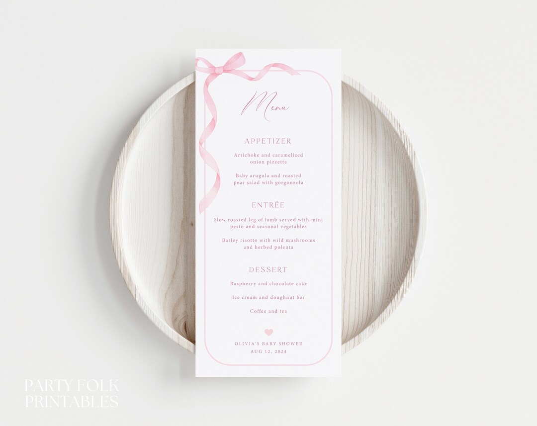 Editable Pink Bow Baby Shower Menu Template, Blush Pink Ribbon Shower ...