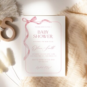 Editable Dusty Pink Bow Baby Shower Invitation, Pink Ribbon Baby Shower ...