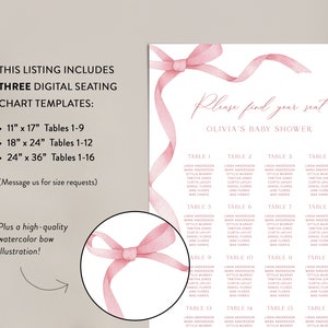 Editable Dusty Pink Bow Seating Chart Template, Instant Girl Baby ...