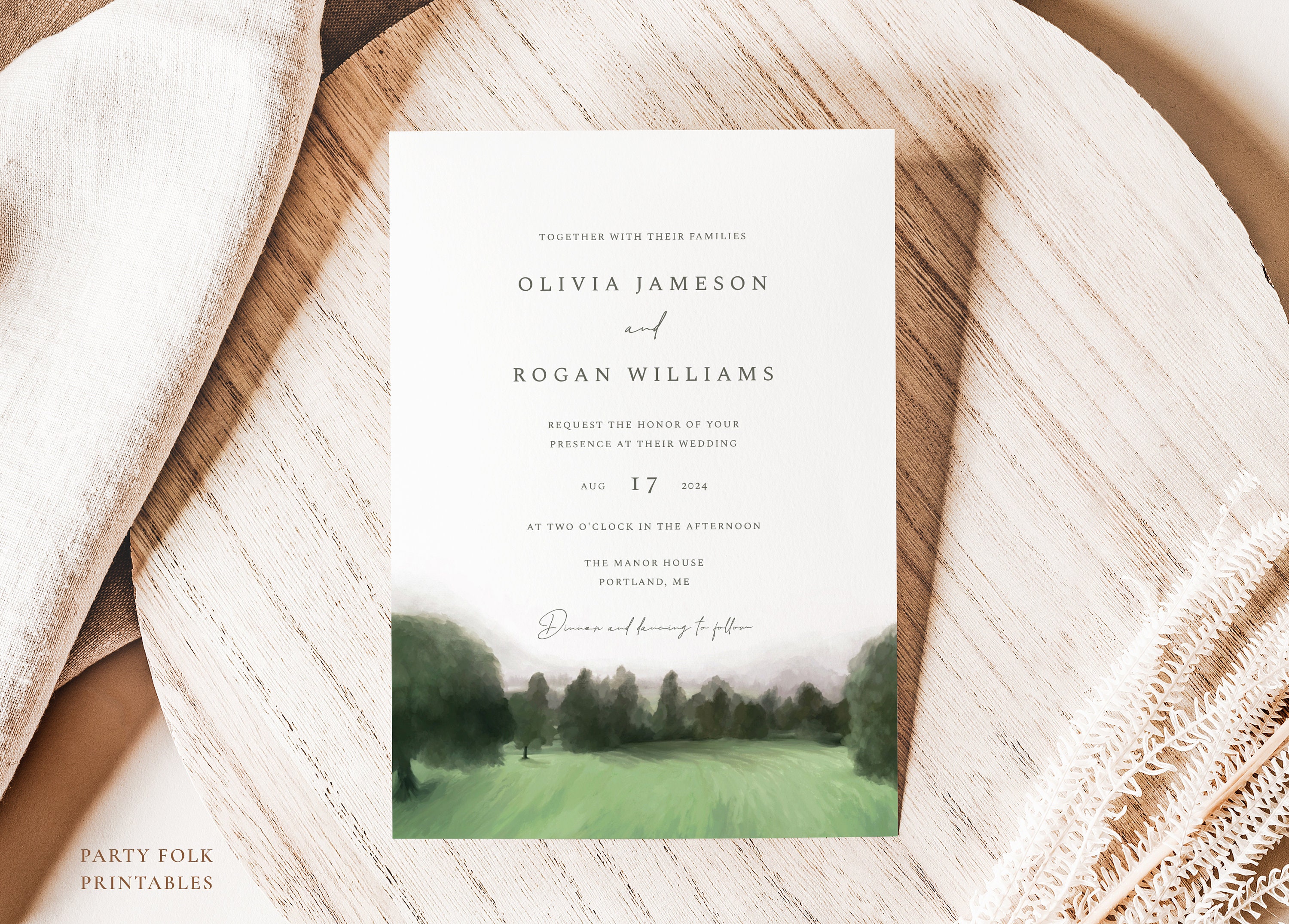 OAK Woodland Wedding Invitation Set Digital Template, Watercolor Forest ...