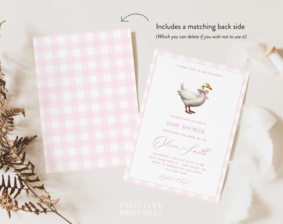 Editable Goose Girl Baby Shower Invitation Template, Pink Gingham Bow ...