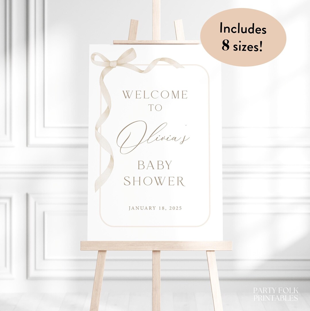 Editable Light Beige Bow Baby Shower Welcome Sign Template, Instant ...