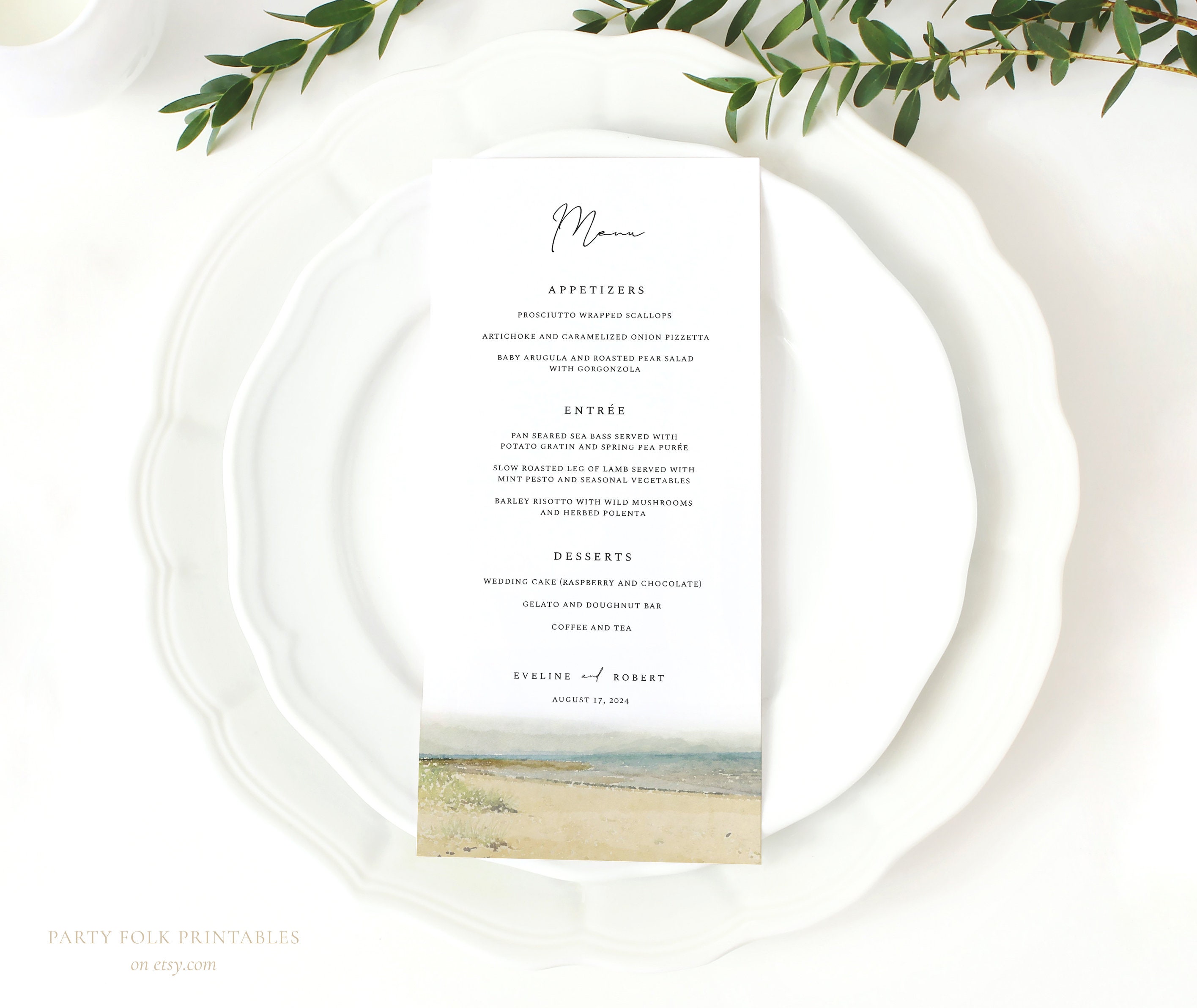 Beach Wedding Menu Digital Template, Watercolor Seaside Editable Menu ...