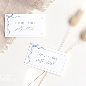 Editable Blue Bow Buffet Card Template, Dusty Blue Food Label, Blue ...