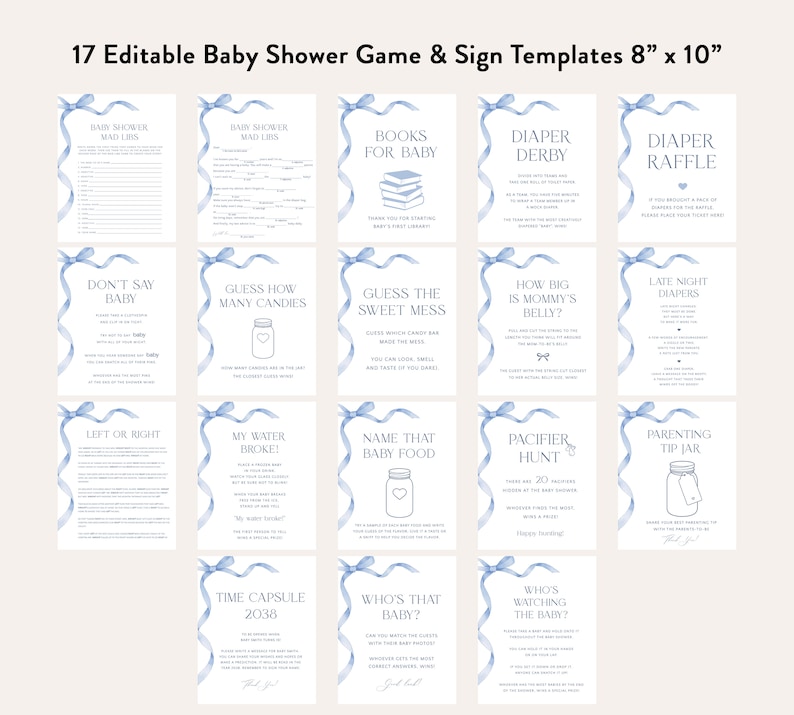 Editable Blue Bow Baby Shower Game Bundle Dusty Blue Ribbon - Etsy