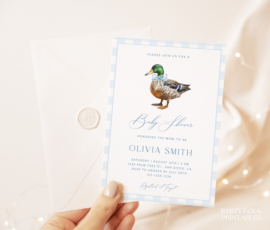 Editable Mallard Duck Baby Shower Invitation Template, Blue Gingham Bow ...