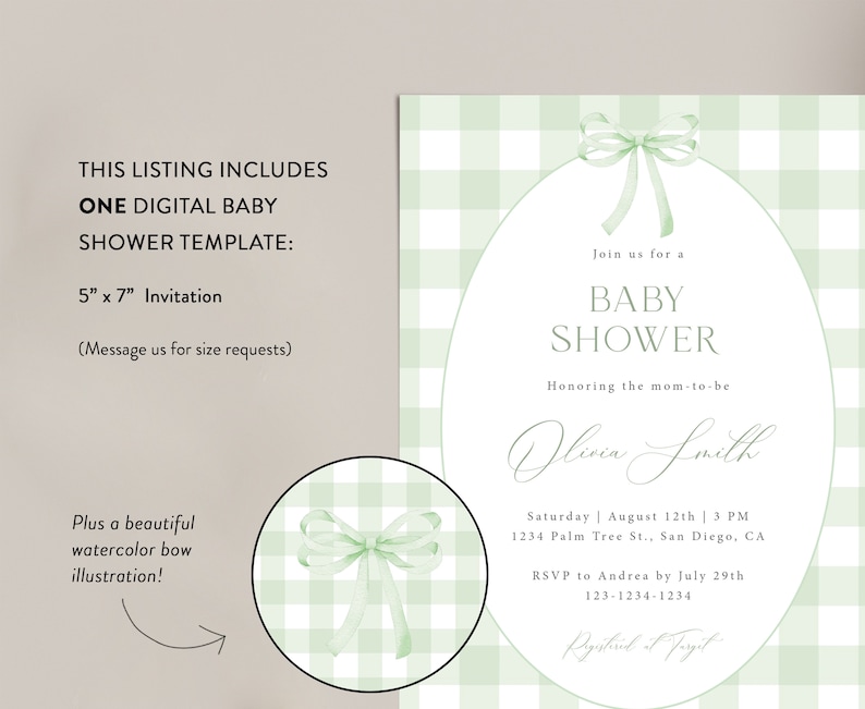 Editable Green Preppy Gingham Baby Shower Invitation Template, Gingham ...