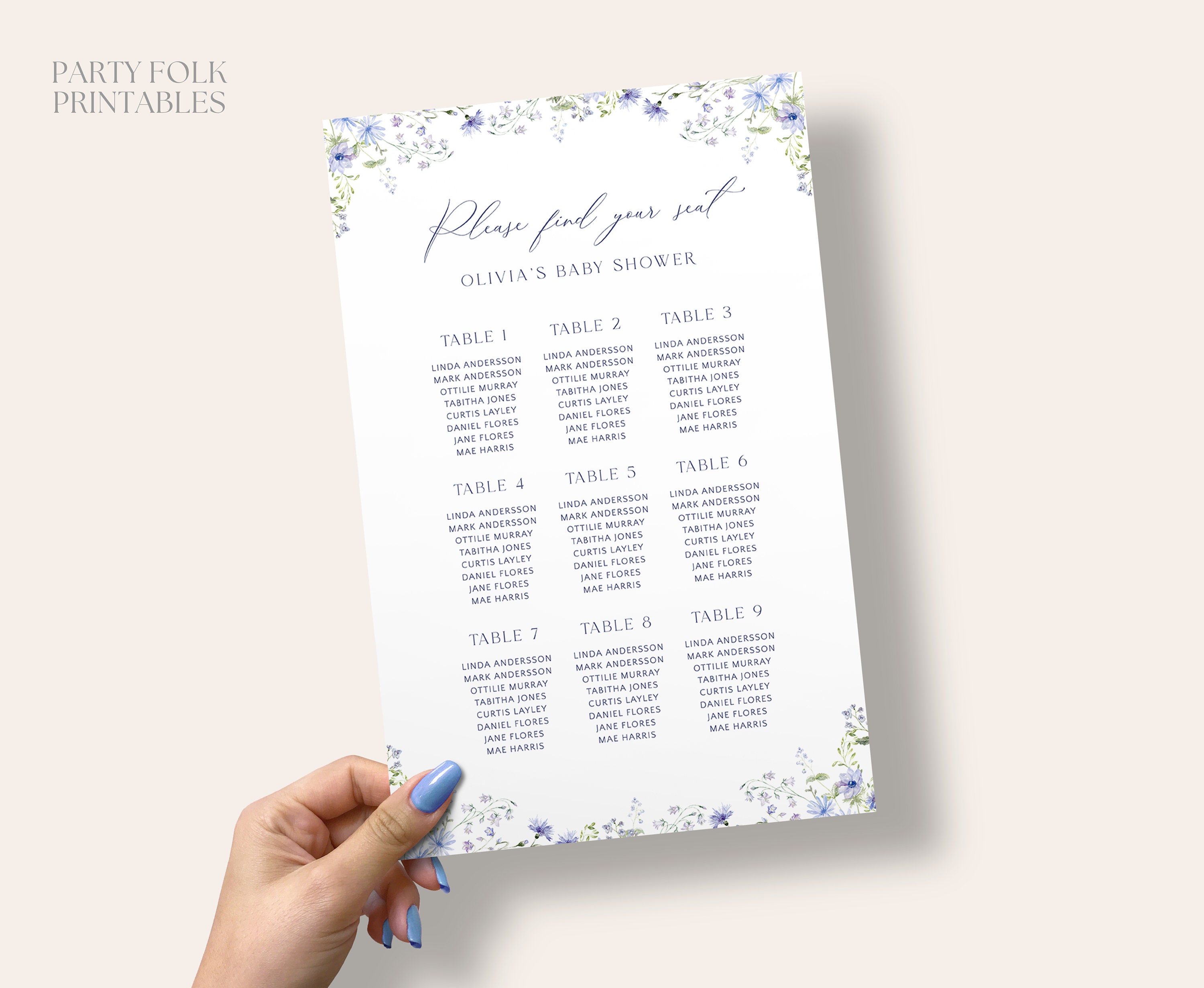 Editable Blue Floral Seating Chart Template, Instant Baby in Bloom ...