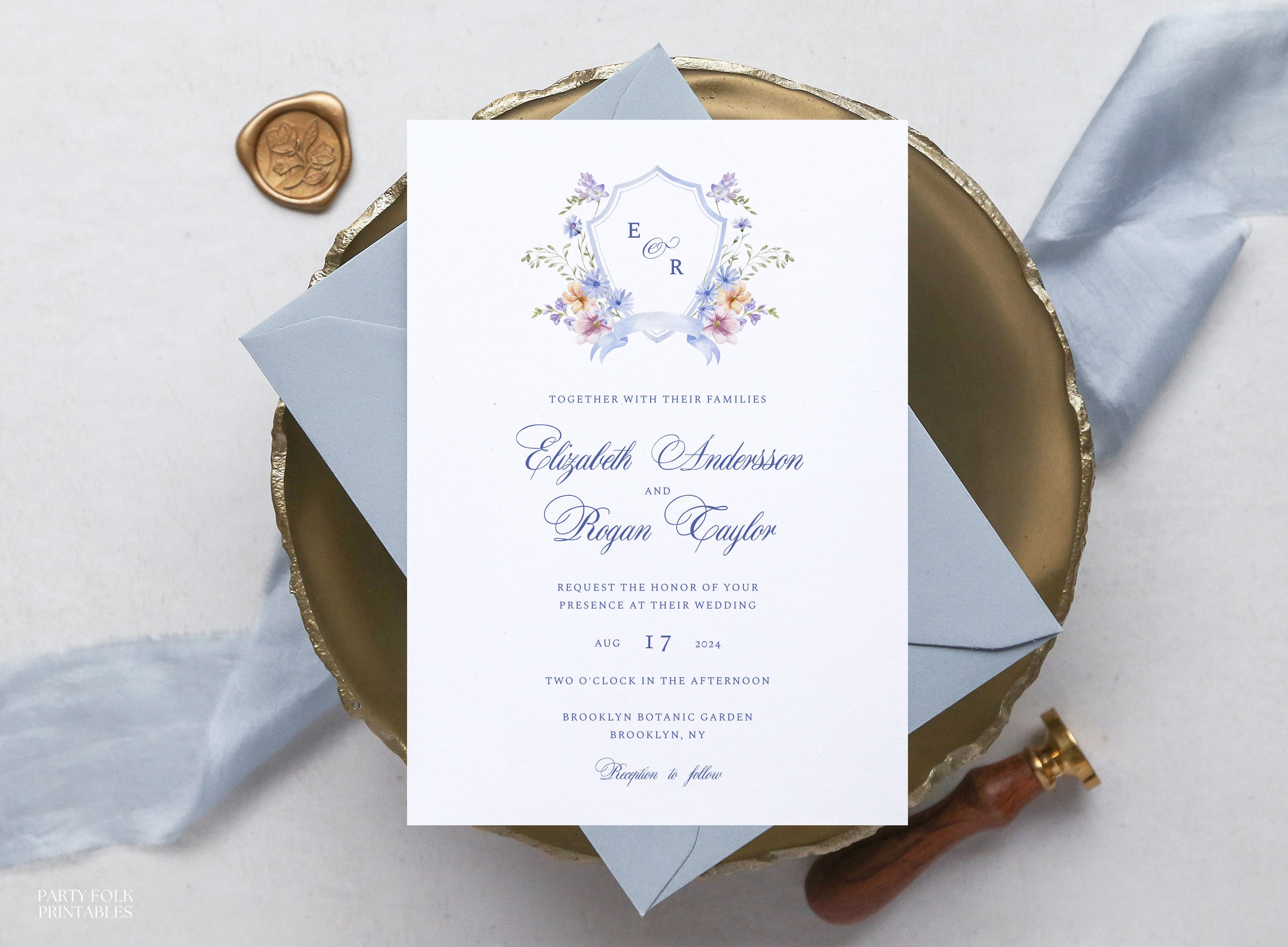 Floral Crest Wedding Invitation Template Blue Wildflower - Etsy