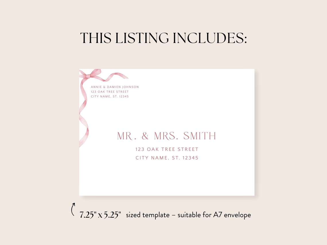 Editable Dusty Pink Bow Envelope Address Template, Personalised Girl ...