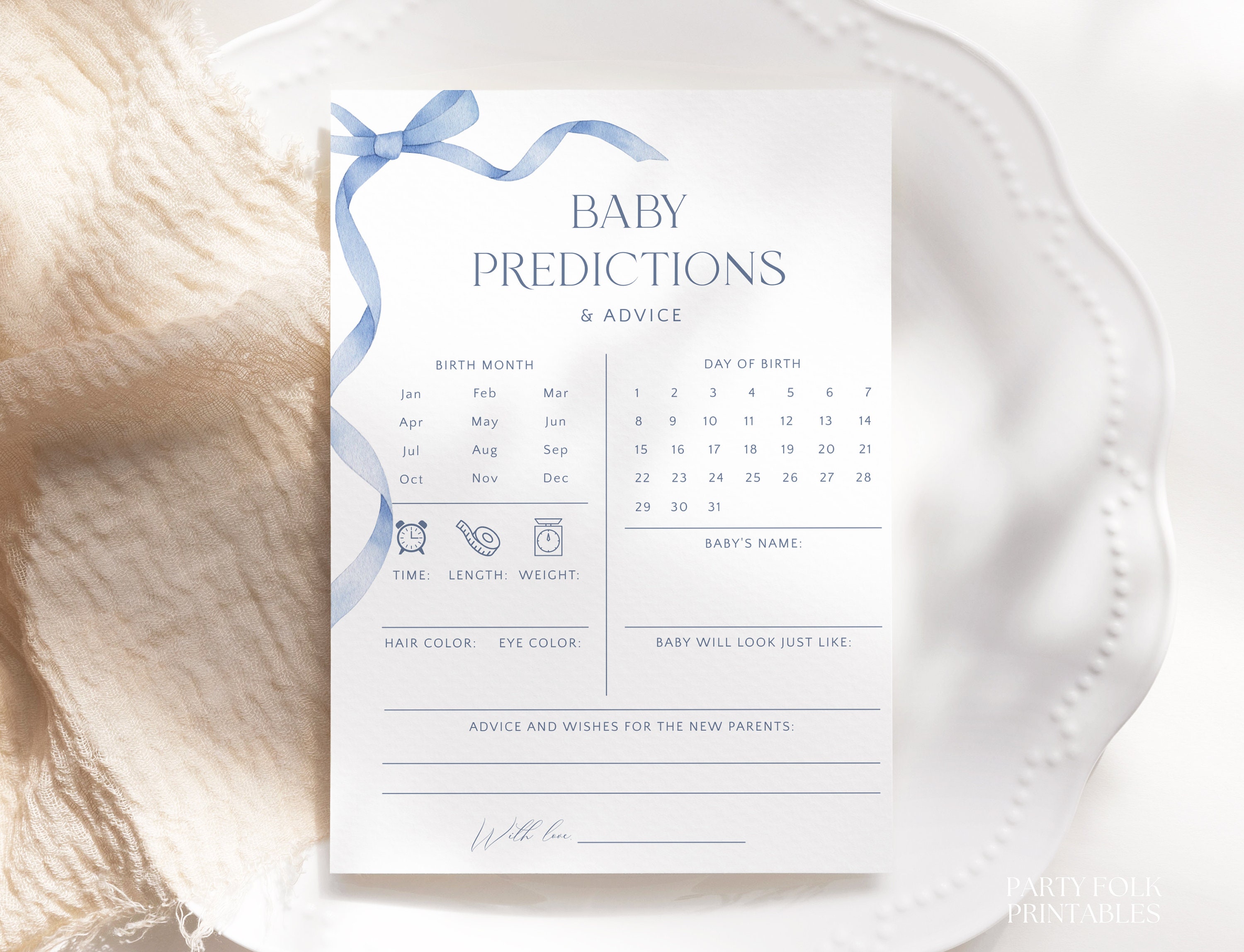 Blue Bow Baby Shower Predictions and Advice Cards, Boy Baby Shower ...