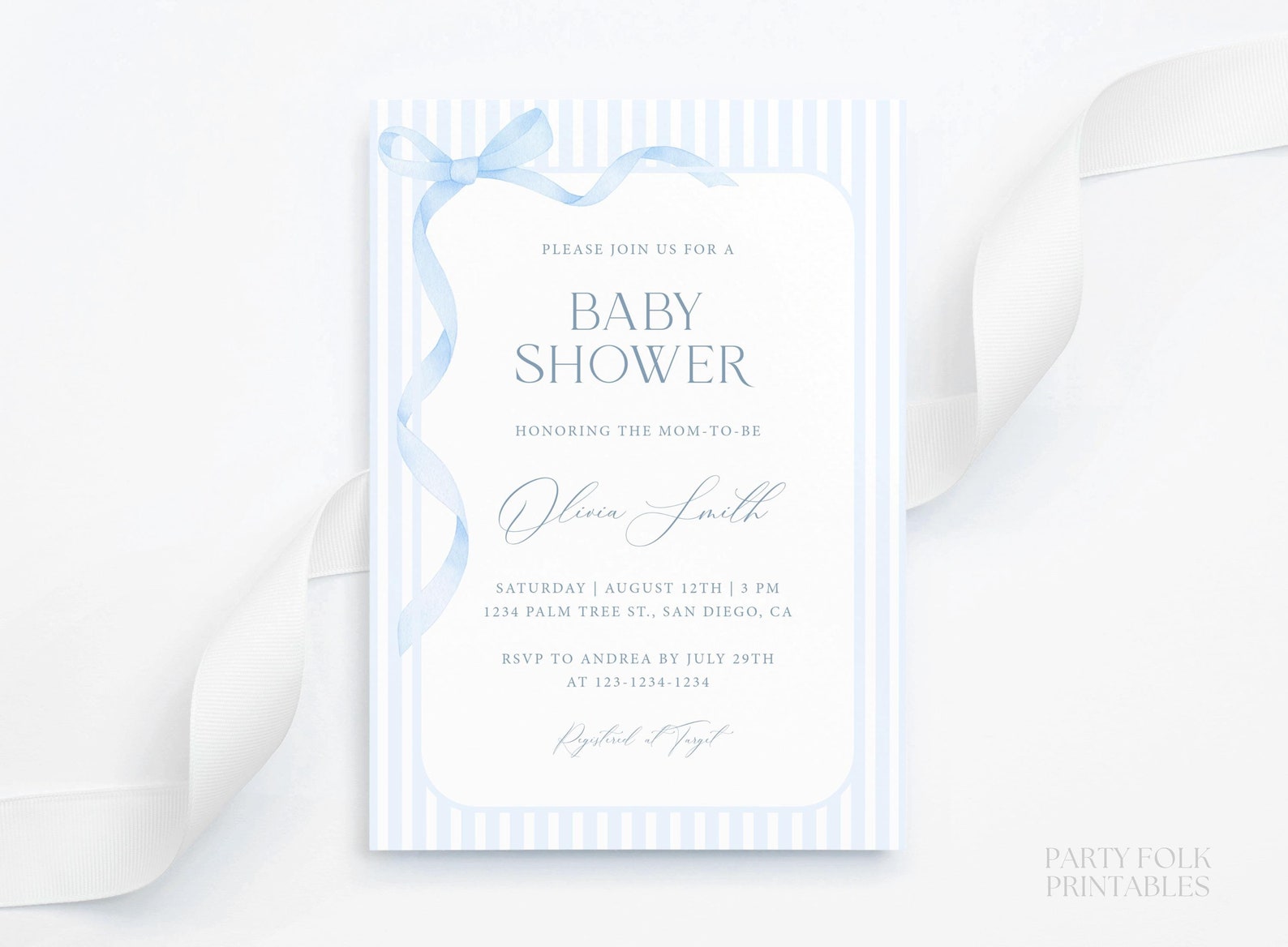 Editable Blue Bow & Stripes Baby Shower Invitation, Blue Ribbon Boy ...