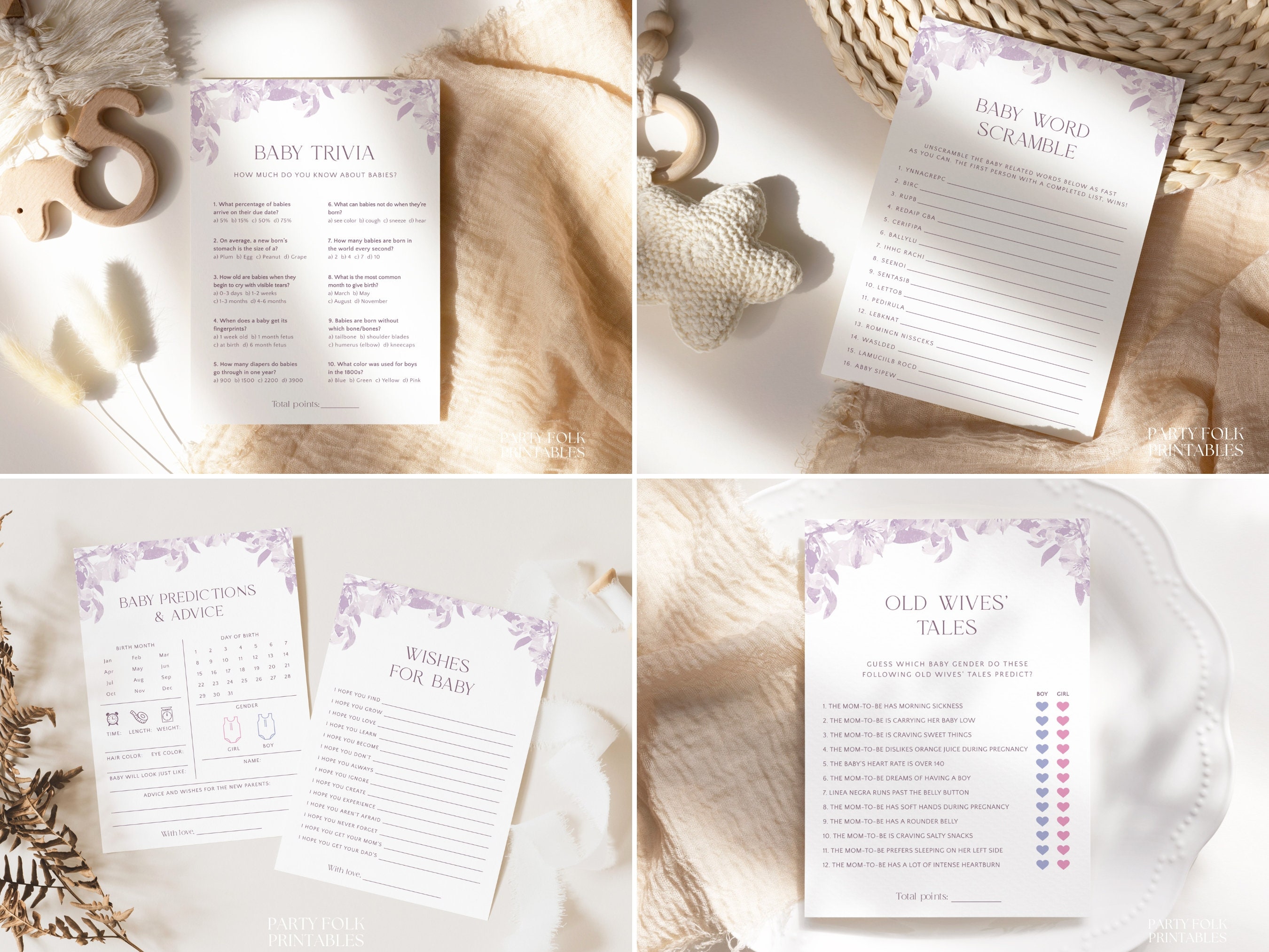 Editable Purple Floral Baby Shower Game Bundle, Lilac Vintage Flower ...