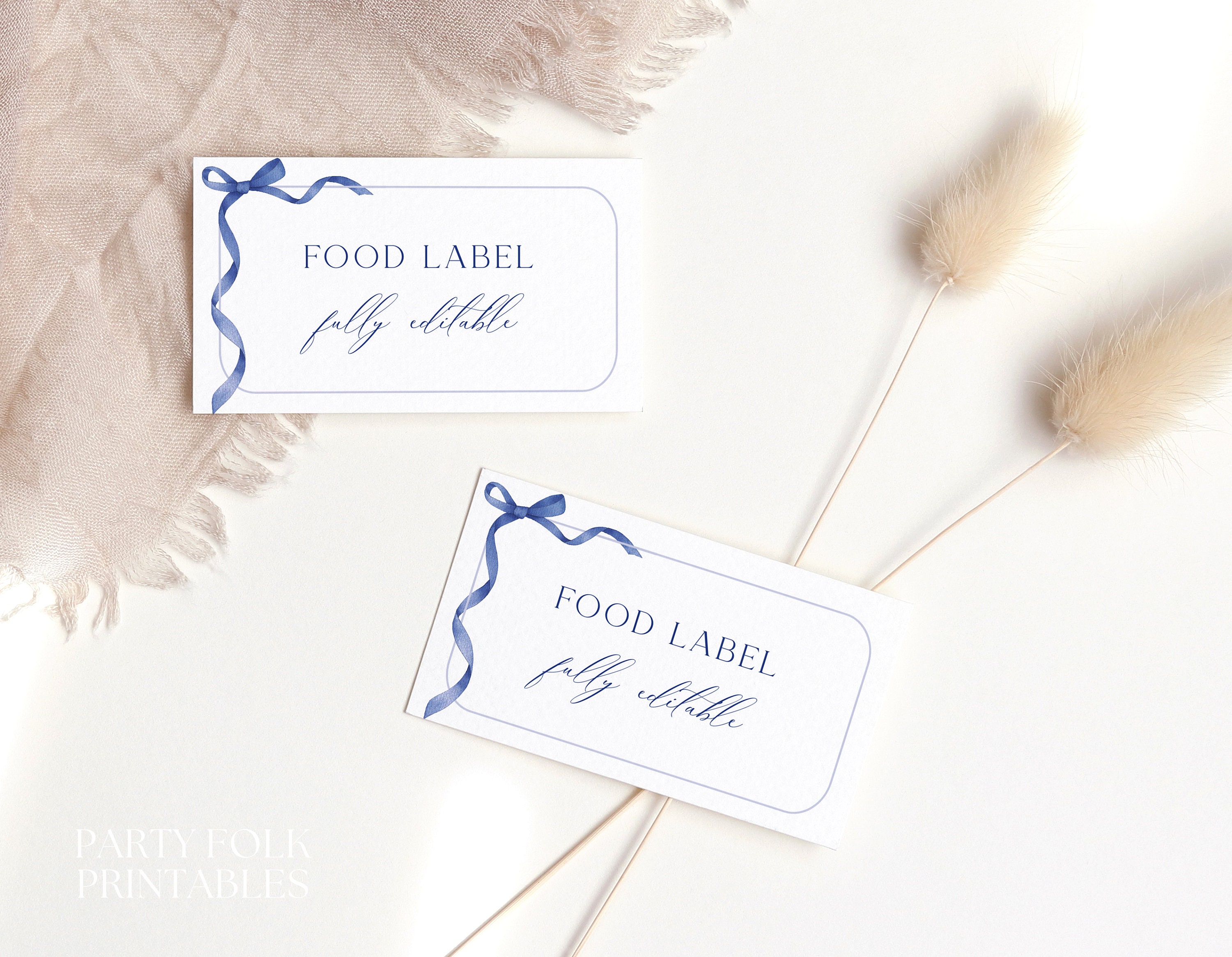 Editable Navy Blue Bow Buffet Card Template, Blue Food Label, Royal ...