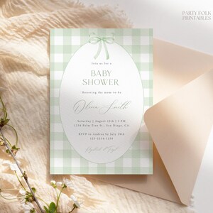 Editable Green Preppy Gingham Baby Shower Invitation Template, Gingham ...