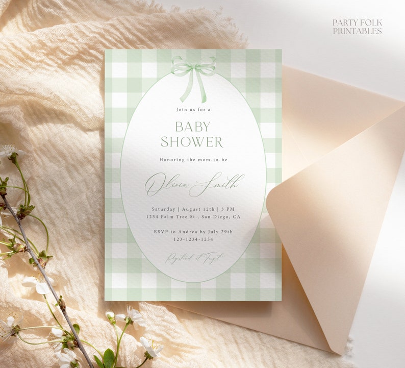 Editable Green Preppy Gingham Baby Shower Invitation Template, Gingham ...