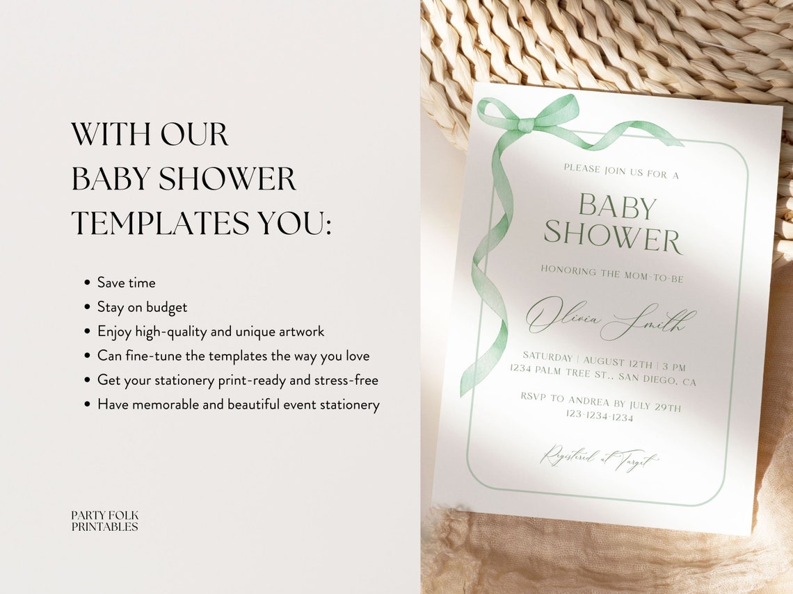 Editable Green Bow Buffet Card Template, Sage Food Label, Green Baby ...