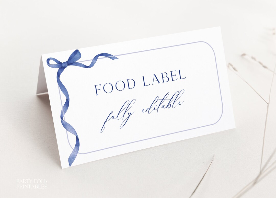 Editable Navy Blue Bow Buffet Card Template, Blue Food Label, Royal ...