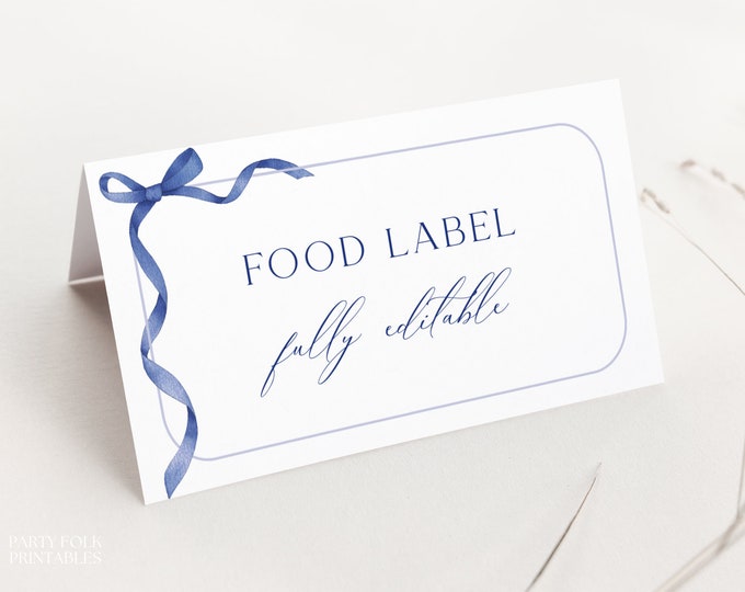 Editable Navy Blue Bow Buffet Card Template, Blue Food Label, Royal ...