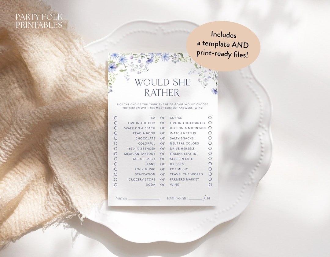 Blue Floral Would She Rather Bridal Shower Game, Editable Dusty Blue ...