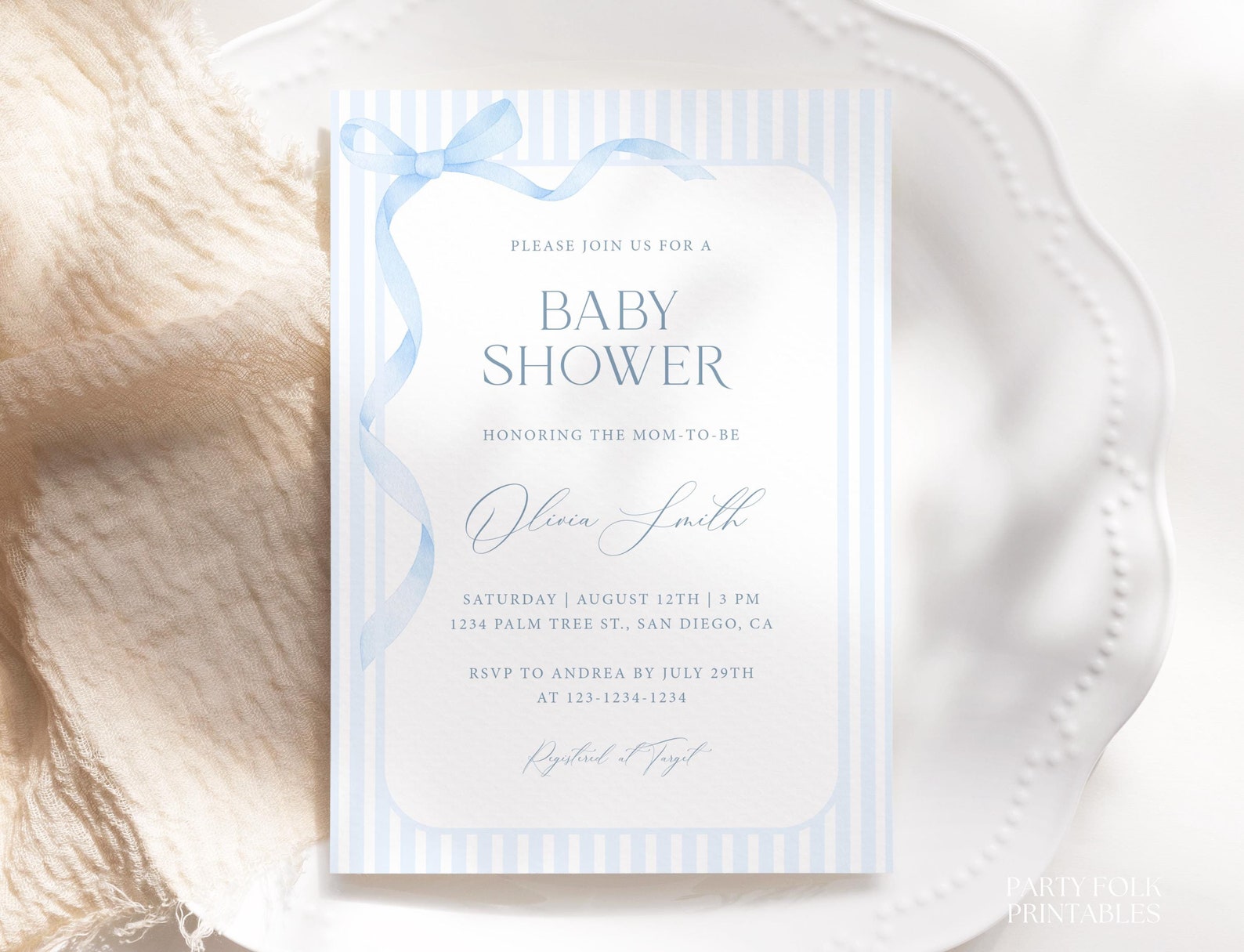 Editable Blue Bow & Stripes Baby Shower Invitation, Blue Ribbon Boy ...