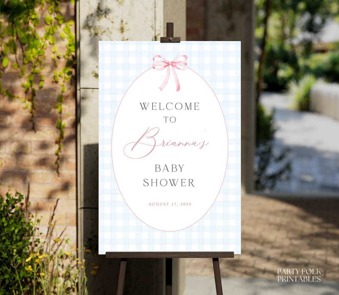 Editable Pink & Blue Preppy Gingham Baby Shower Welcome Sign Template ...