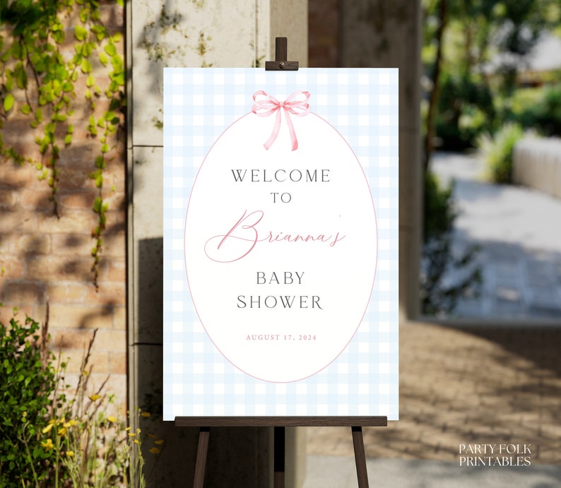 Editable Pink & Blue Preppy Gingham Baby Shower Welcome Sign Template ...
