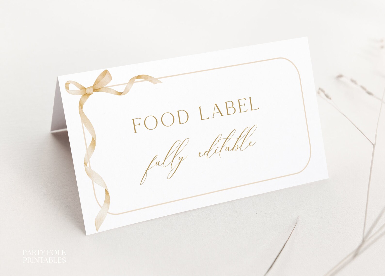 Editable Gold Bow Buffet Card Template, Yellow Food Label, Gold Baby ...