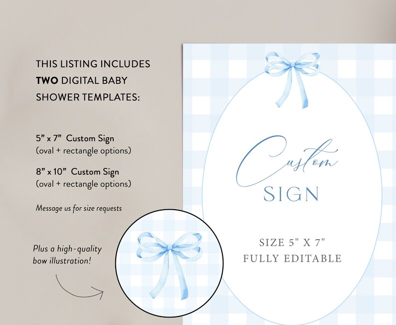 Editable Blue Preppy Gingham Baby Shower Custom Sign, Gingham Blue Bow ...