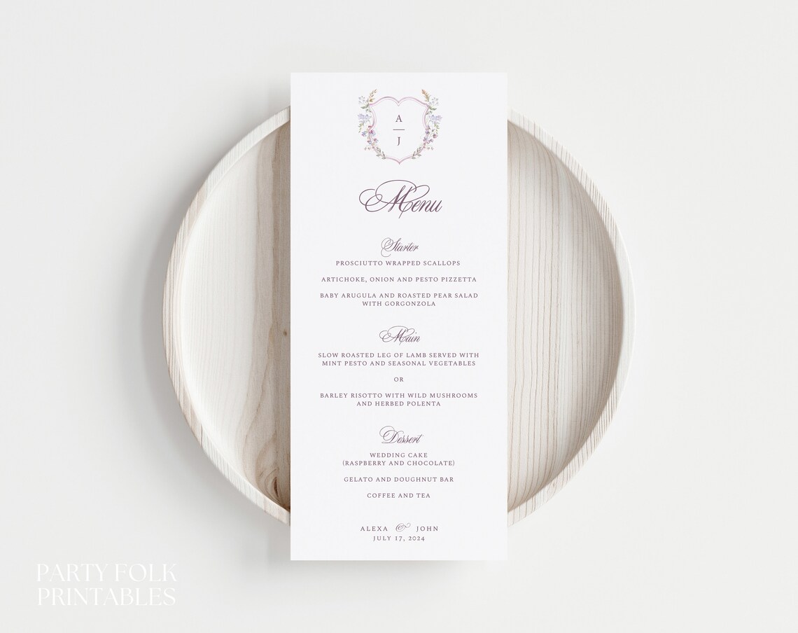 Editable Floral Crest Wedding Menu Template, Lilac Pink Wildflower ...