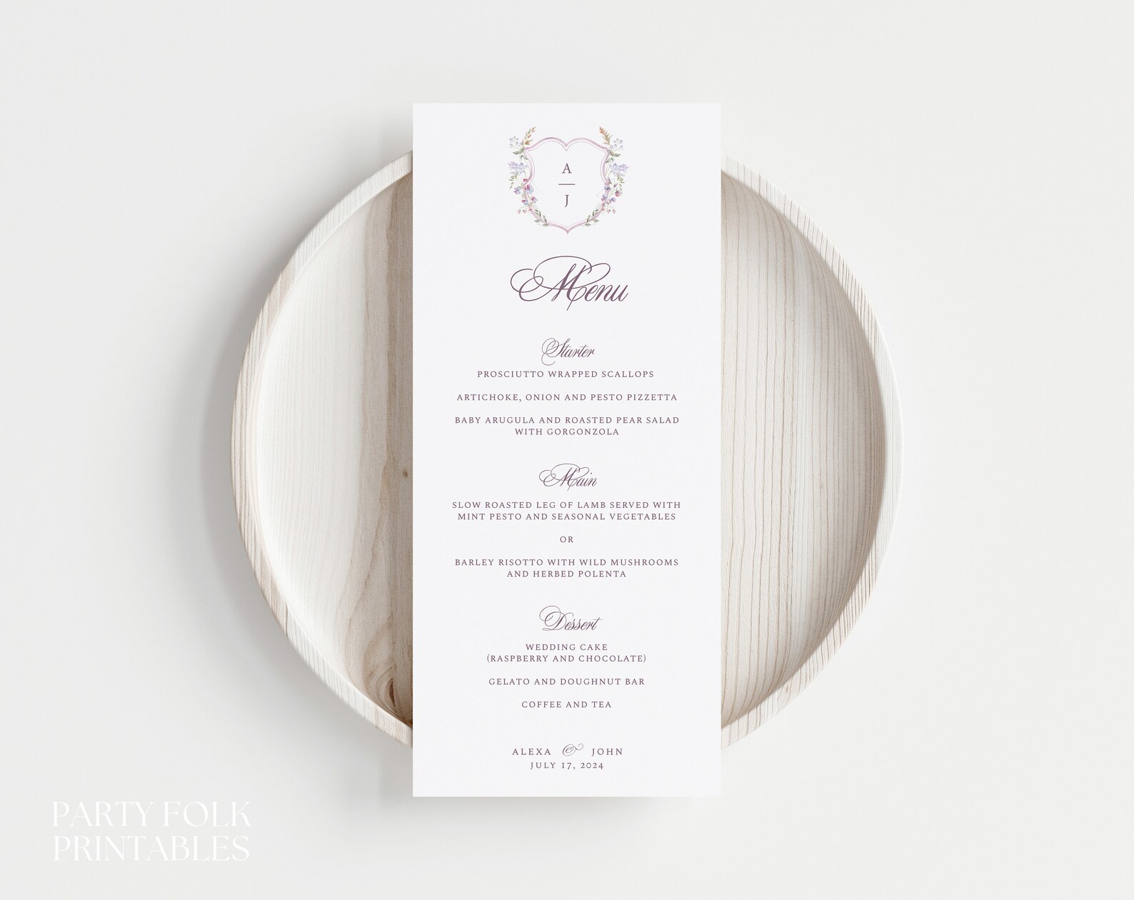 Editable Floral Crest Wedding Menu Template, Lilac Pink Wildflower ...