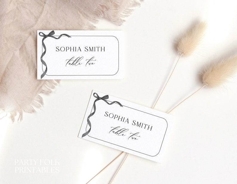 Editable Black Bow Place Card Template, Black & White Name Card, Ribbon ...
