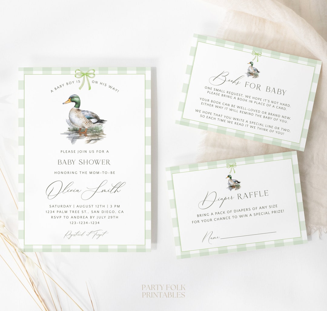 Editable Mallard Duck Boy Baby Shower Invitation Set Template, Green ...