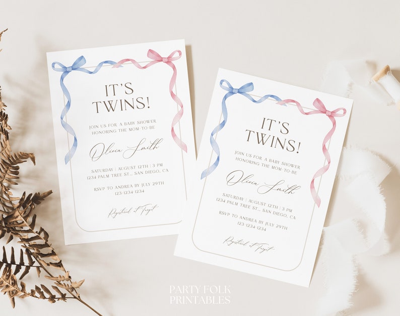 Editable It's Twins Baby Shower Invitation Template, Printable Pink ...