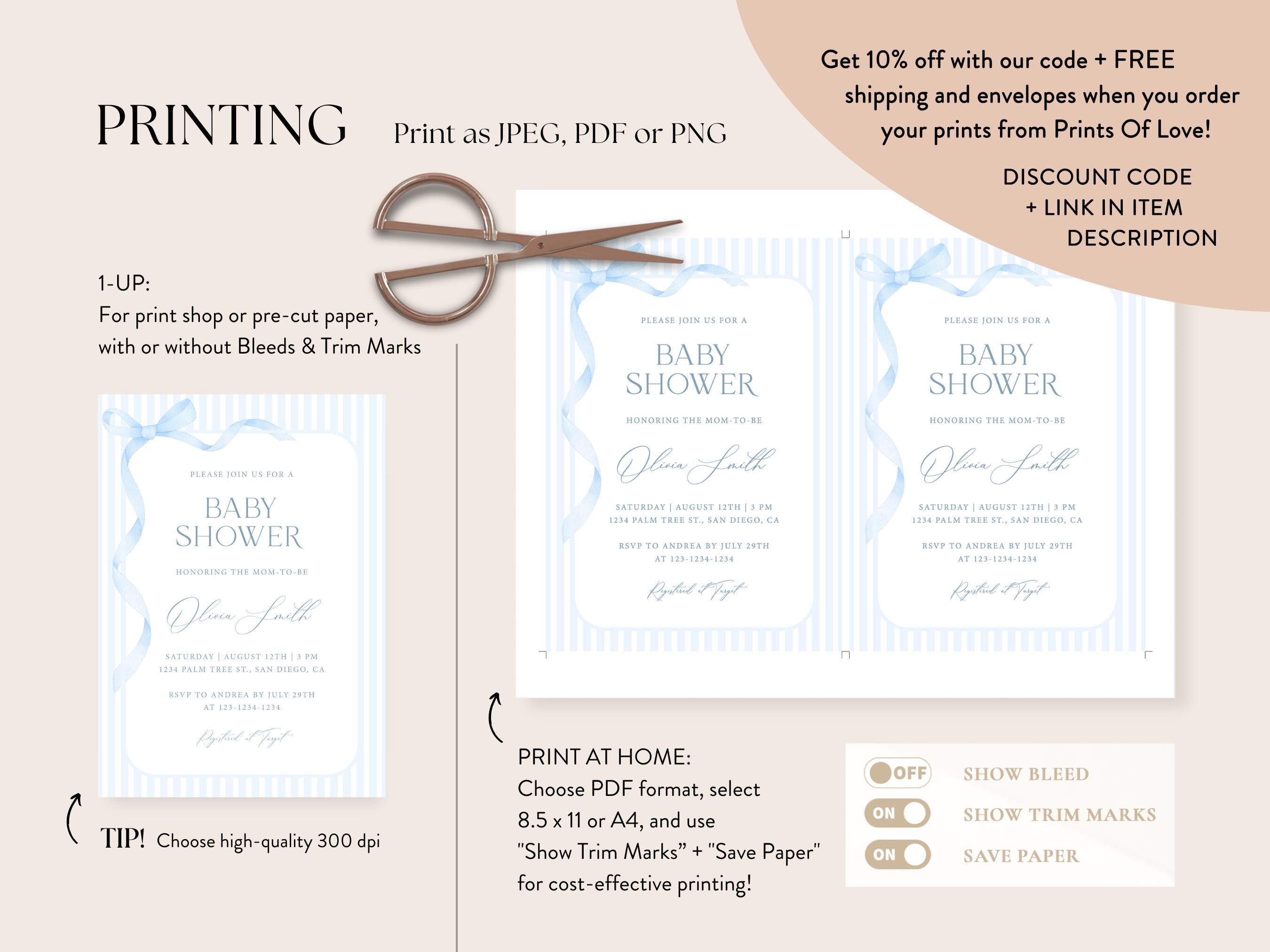 Editable Blue Bow & Stripes Baby Shower Invitation, Blue Ribbon Boy ...