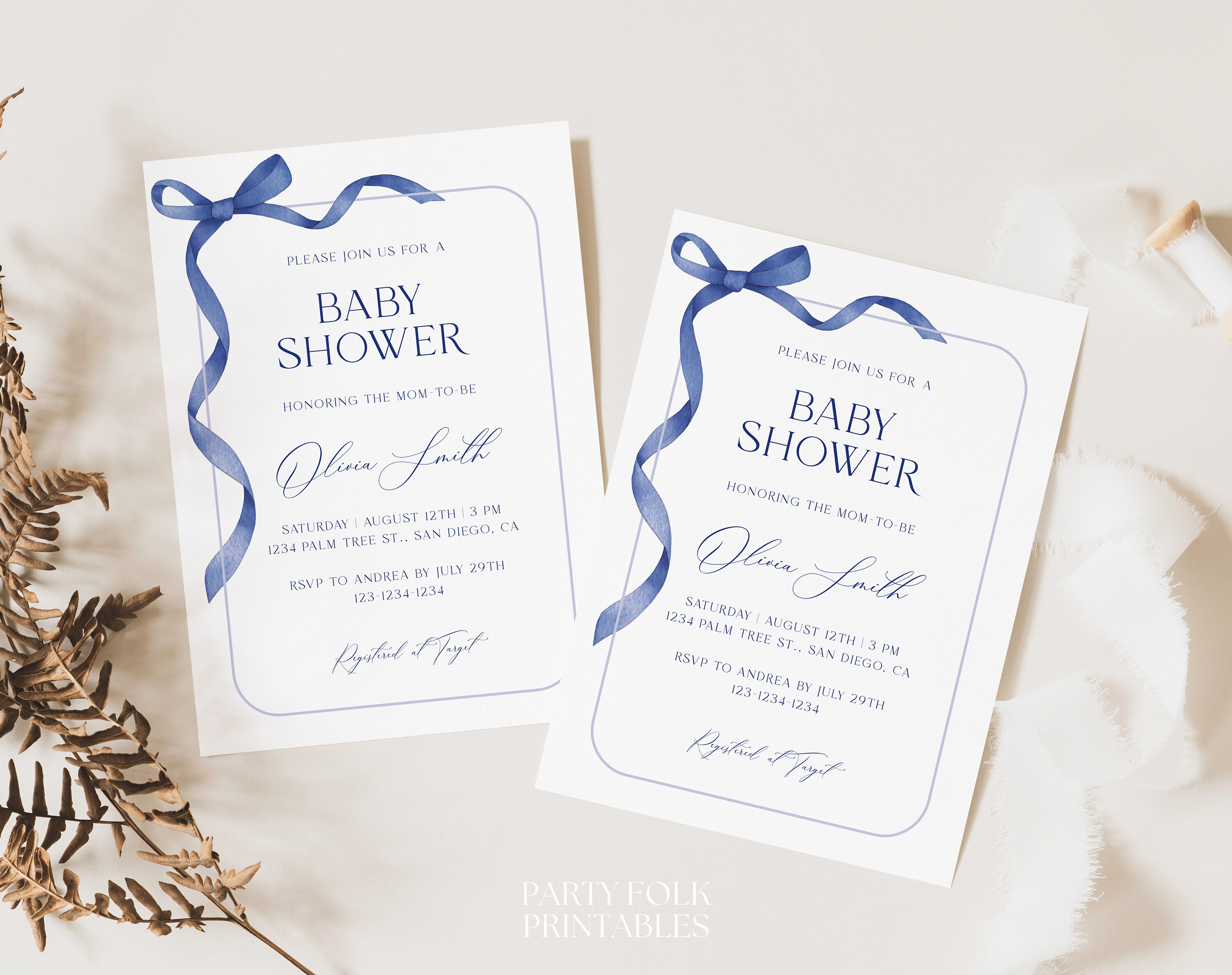 Editable Navy Blue Bow Baby Shower Invitation Template, Blue Ribbon ...